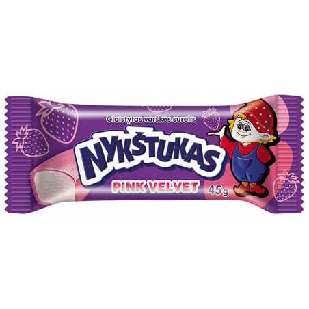 Glaistytas varškės sūrelis Nykštukas 45g Pink Velvet su braškėmis